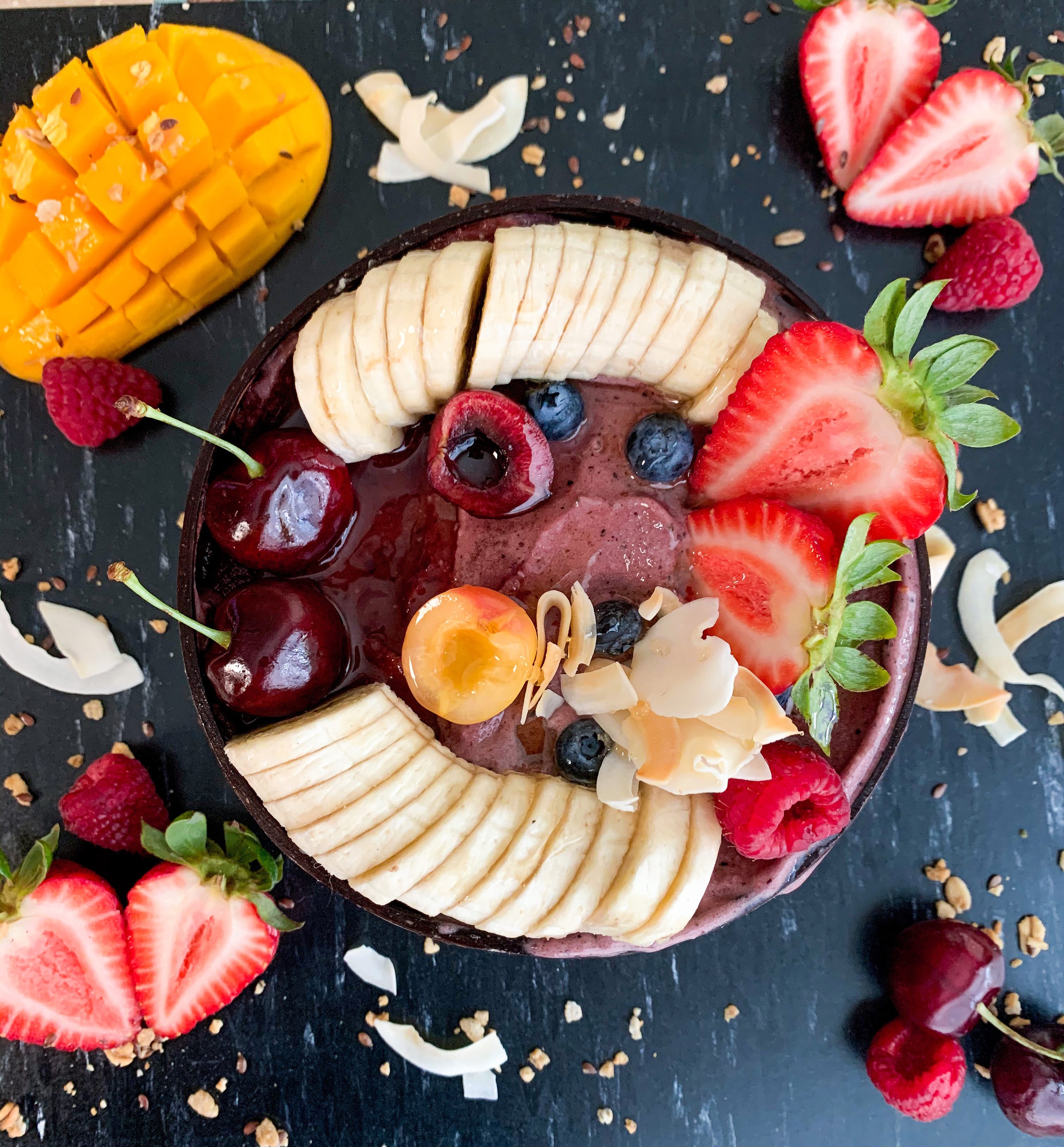 Strawberry Coconut and Cherry Two-Tone Smoothie Bowl Let's Go Vegan